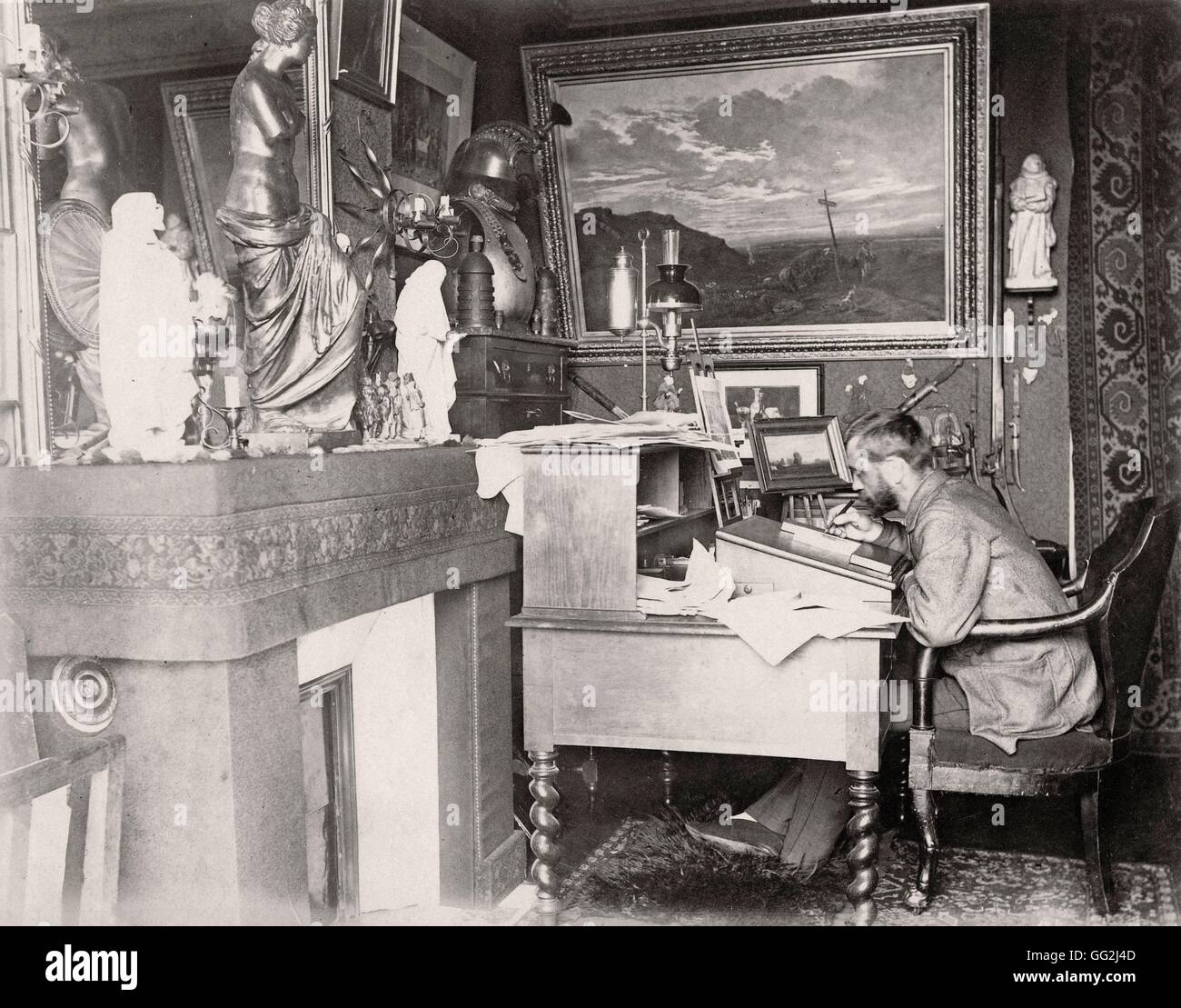 German painter Karl Kaufmann in his Paris studio c.1885. Albumen print ...