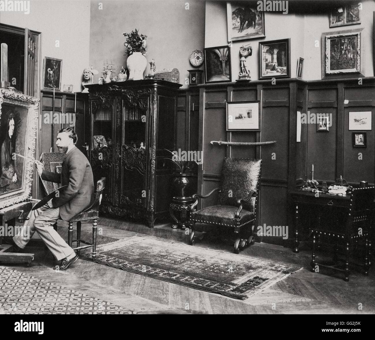 French painter Albert Pierre Dawant in his studio in Paris. Photograph ...