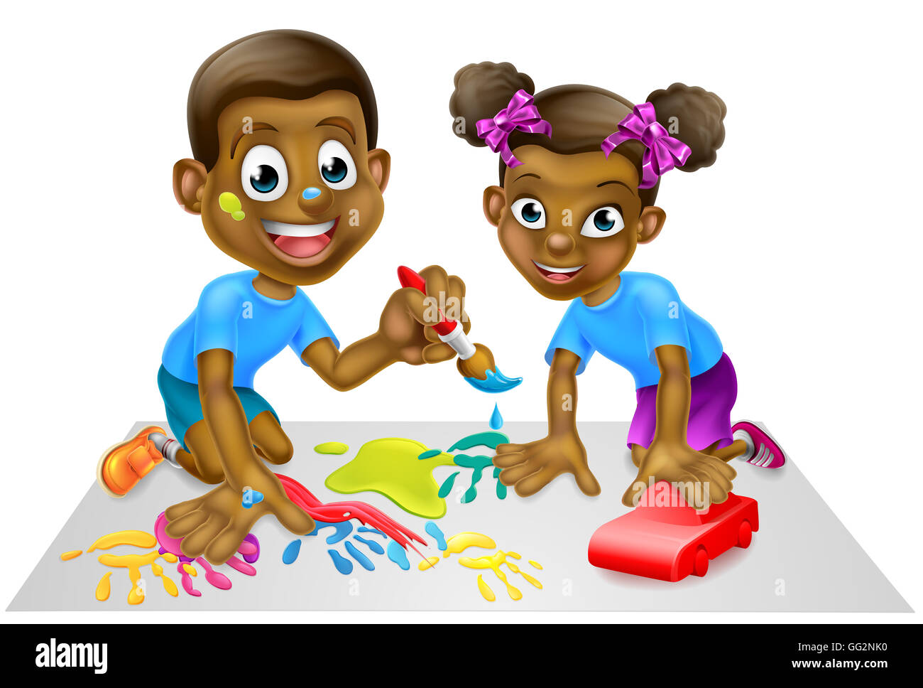 Cartoon black boy and girl playing with paints and toy building blocks ...
