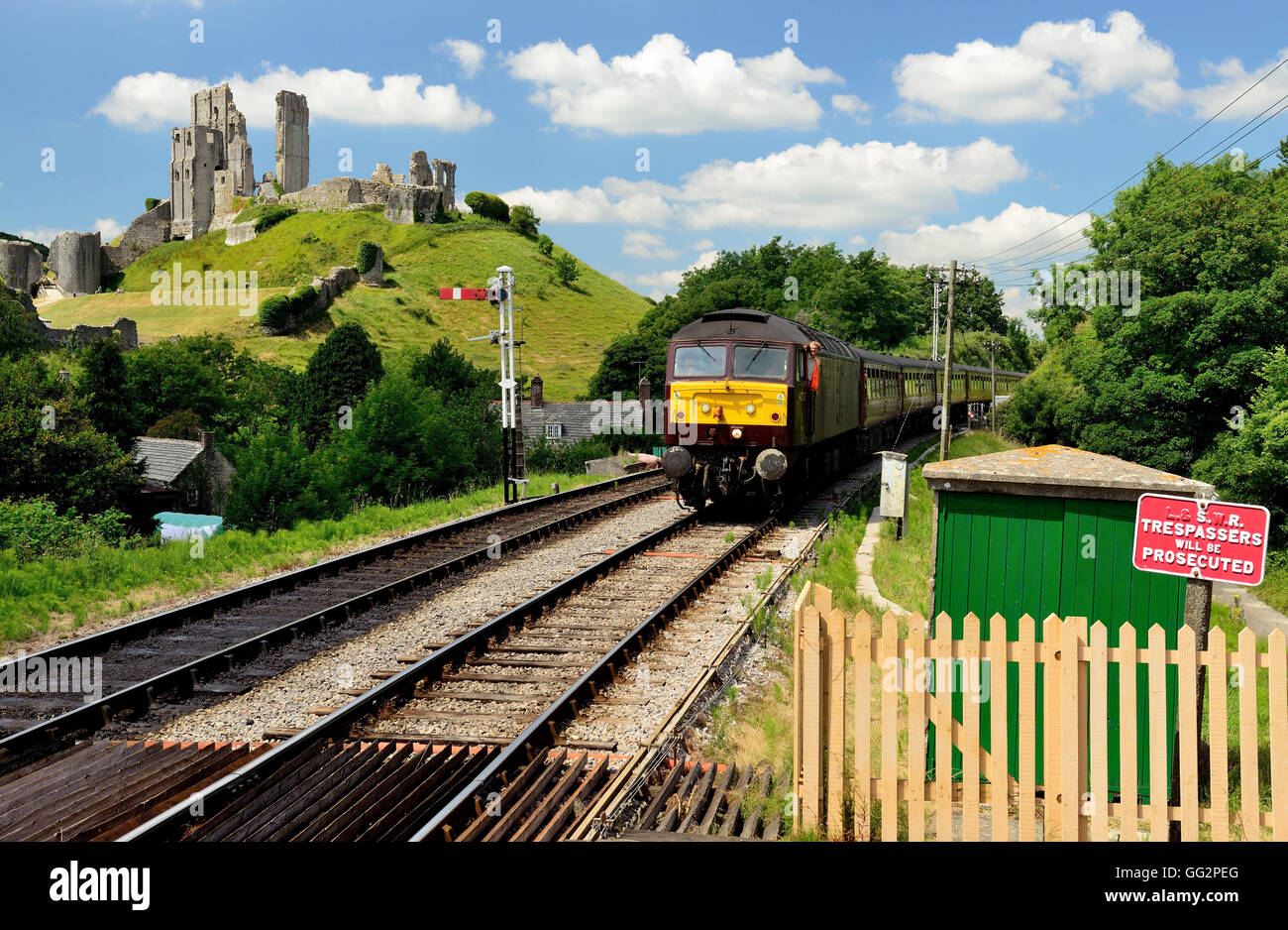 Corfe Castle beside the Swanage Railway. Seen from the platform as a ...