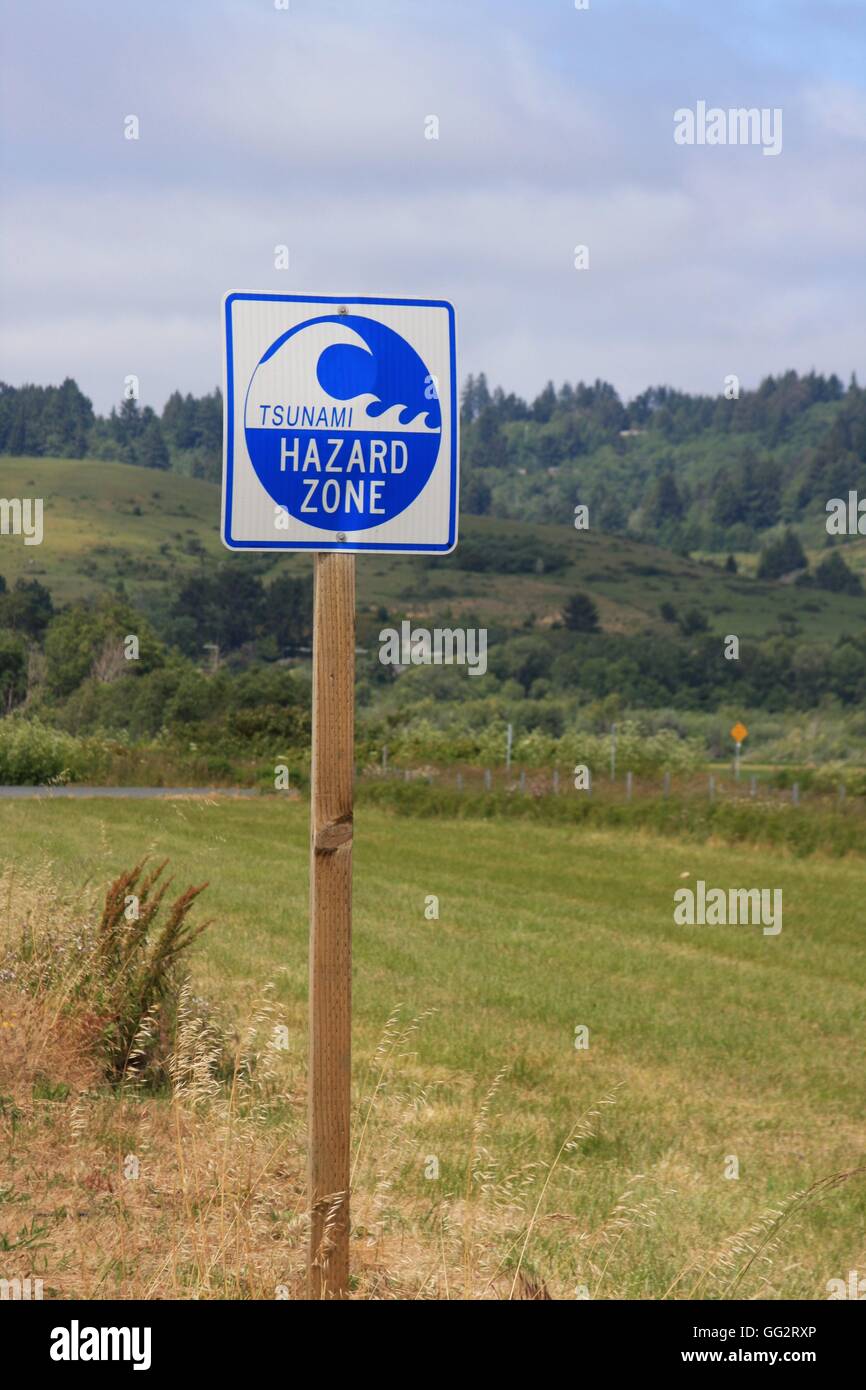 Tsunami hazard warning sign on roadside in northern California USA ...