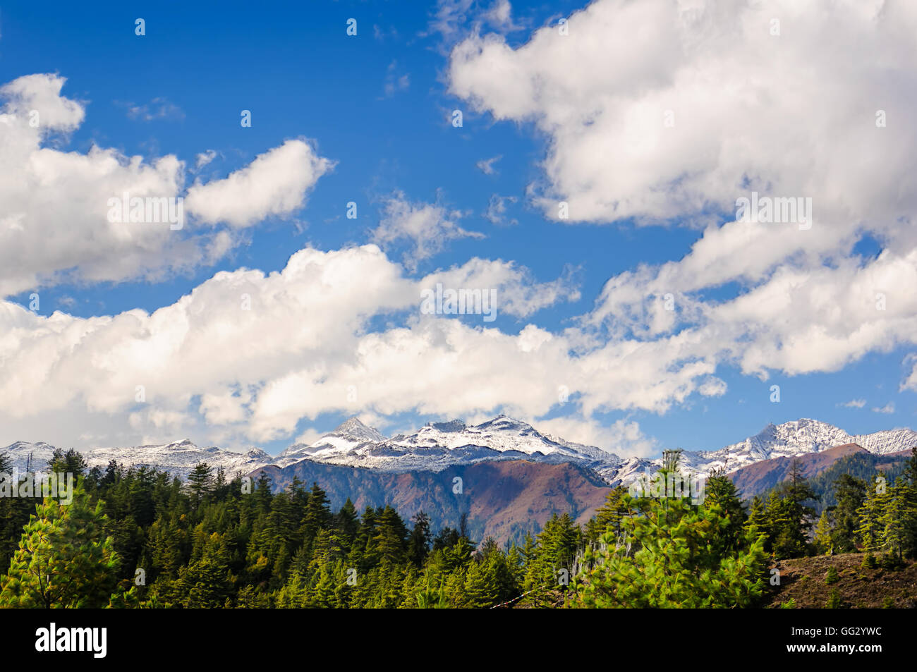 Landscape of Bhutan, Chele La Pass, snow capped Mountains and sky, copy ...