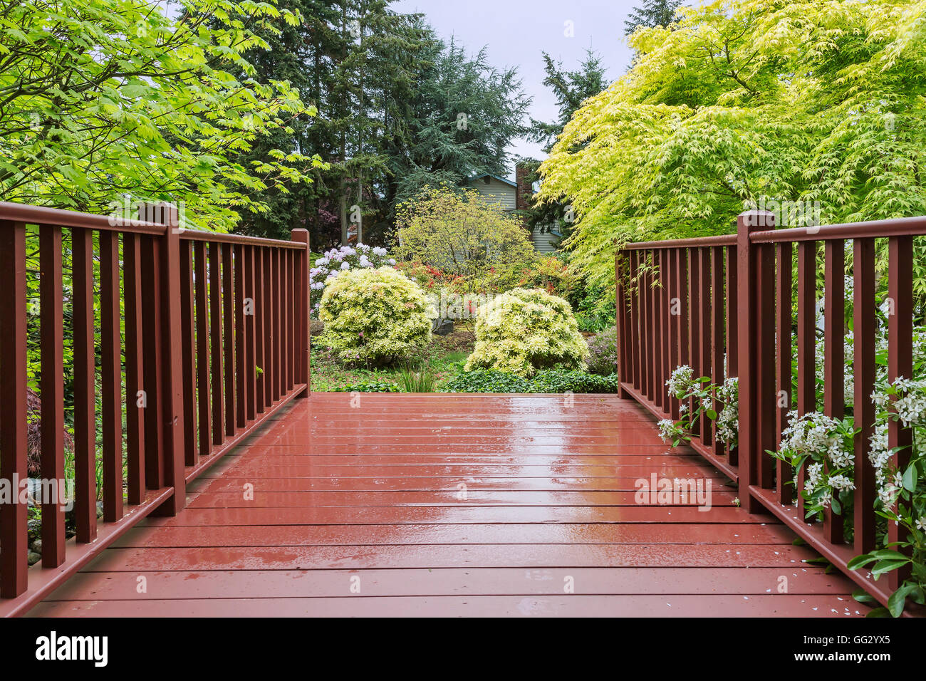 Empty, wooden, front porch of suburban home in Washington State. Thick ...