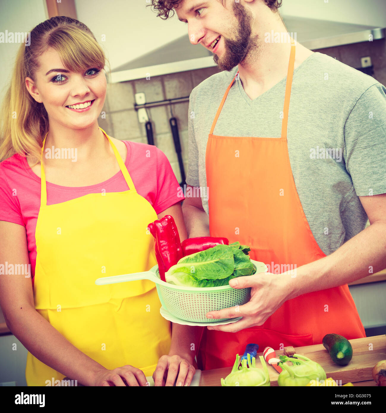 Healthy eating, vegetarian food, cooking, dieting and people concept ...