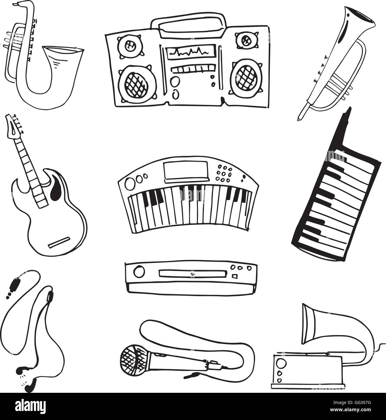 Object music doodles illustration Cut Out Stock Images & Pictures - Alamy