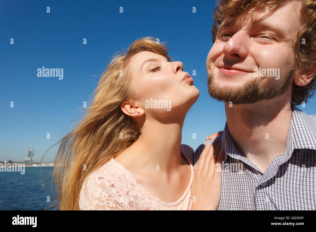 Happiness dating concept. Couple in love blonde woman handsome bearded ...