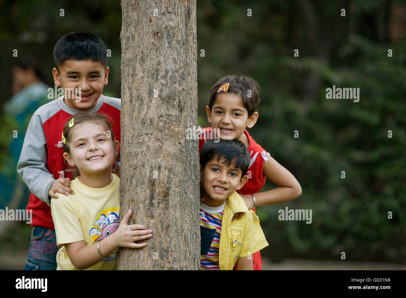 Children behind a tree Stock Photo - Alamy