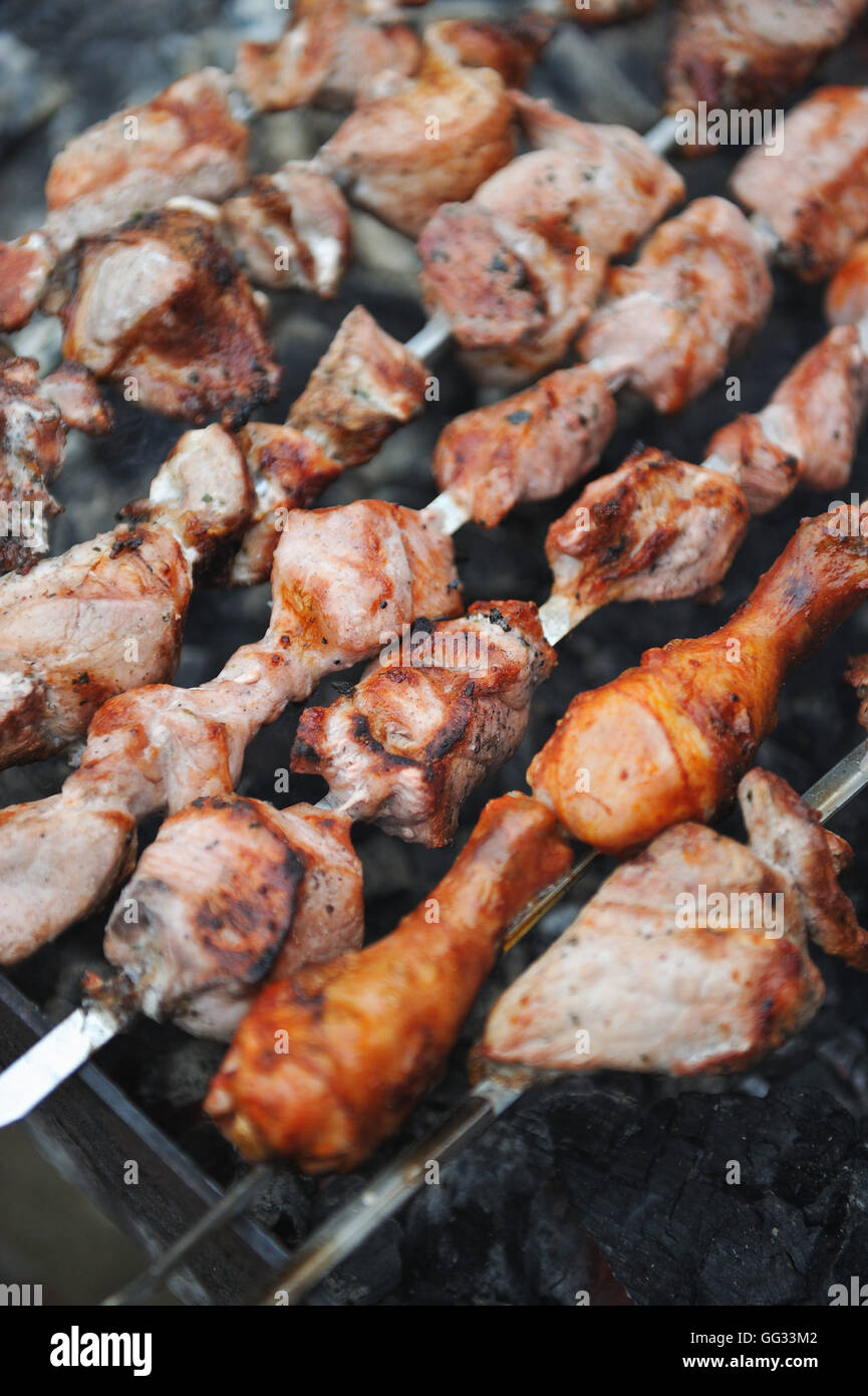 Close up of pork and chicken meat shashlik Stock Photo - Alamy