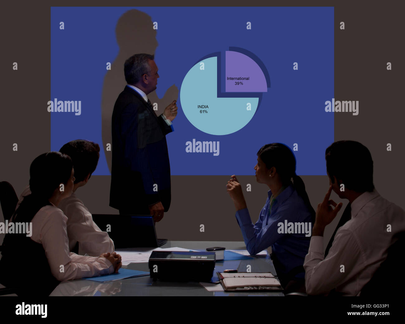 Businessman giving presentation on projection screen Stock Photo - Alamy
