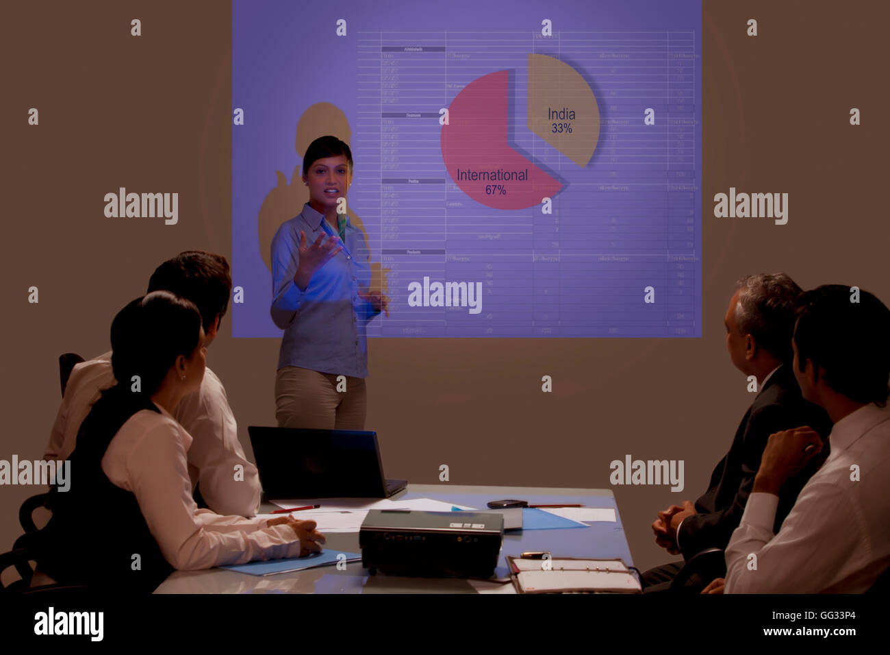 Businesswoman presenting on projection screen at seminar Stock Photo ...