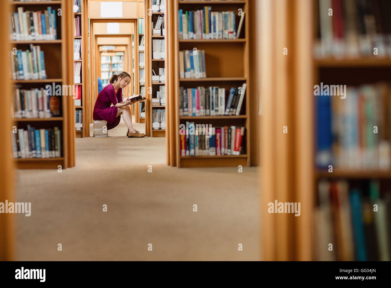 Young woman reading book in library Stock Photo - Alamy