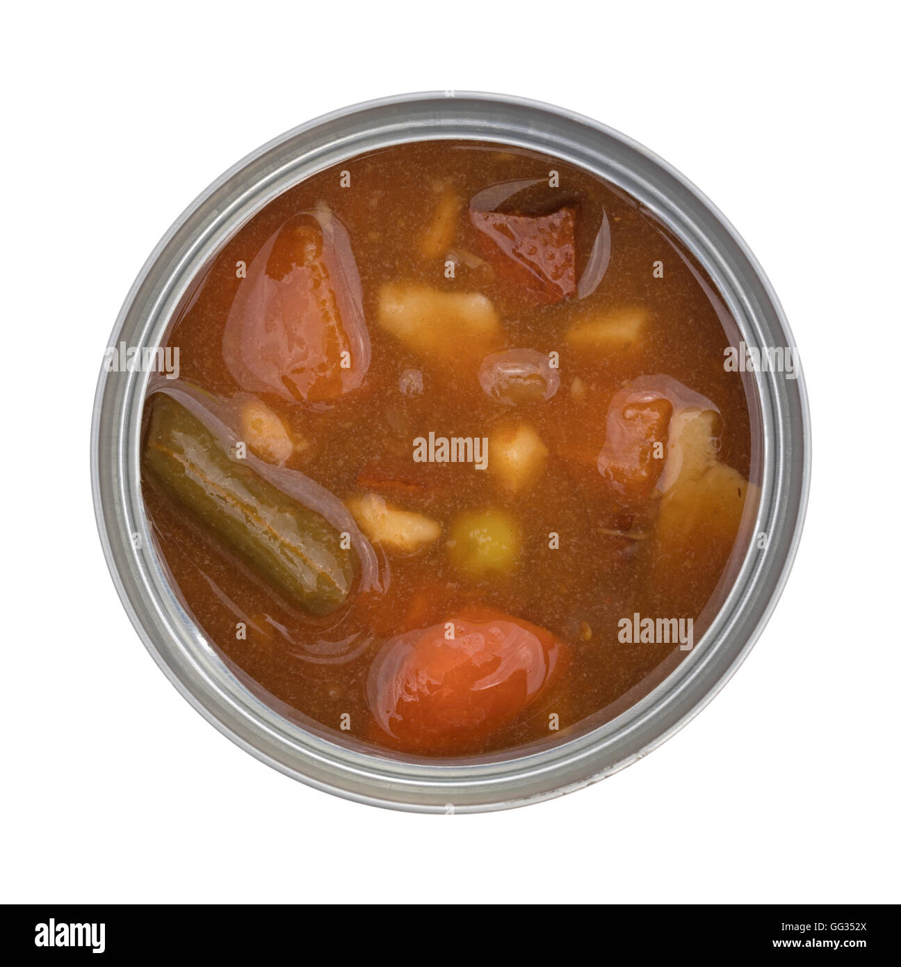 Top view of an opened can of beef stew on a white background Stock ...
