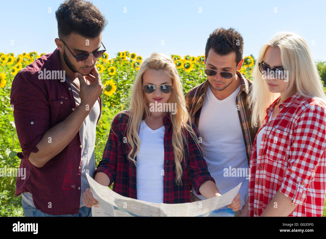 People group looking road map standing sunflowers field outdoor Stock ...