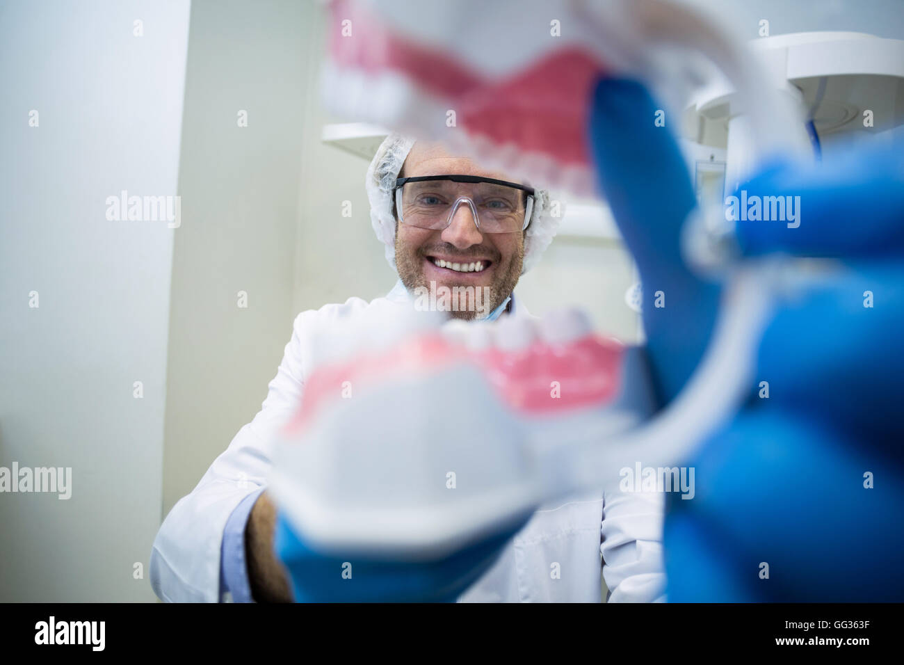 Dentist holding a mouth model Stock Photo - Alamy