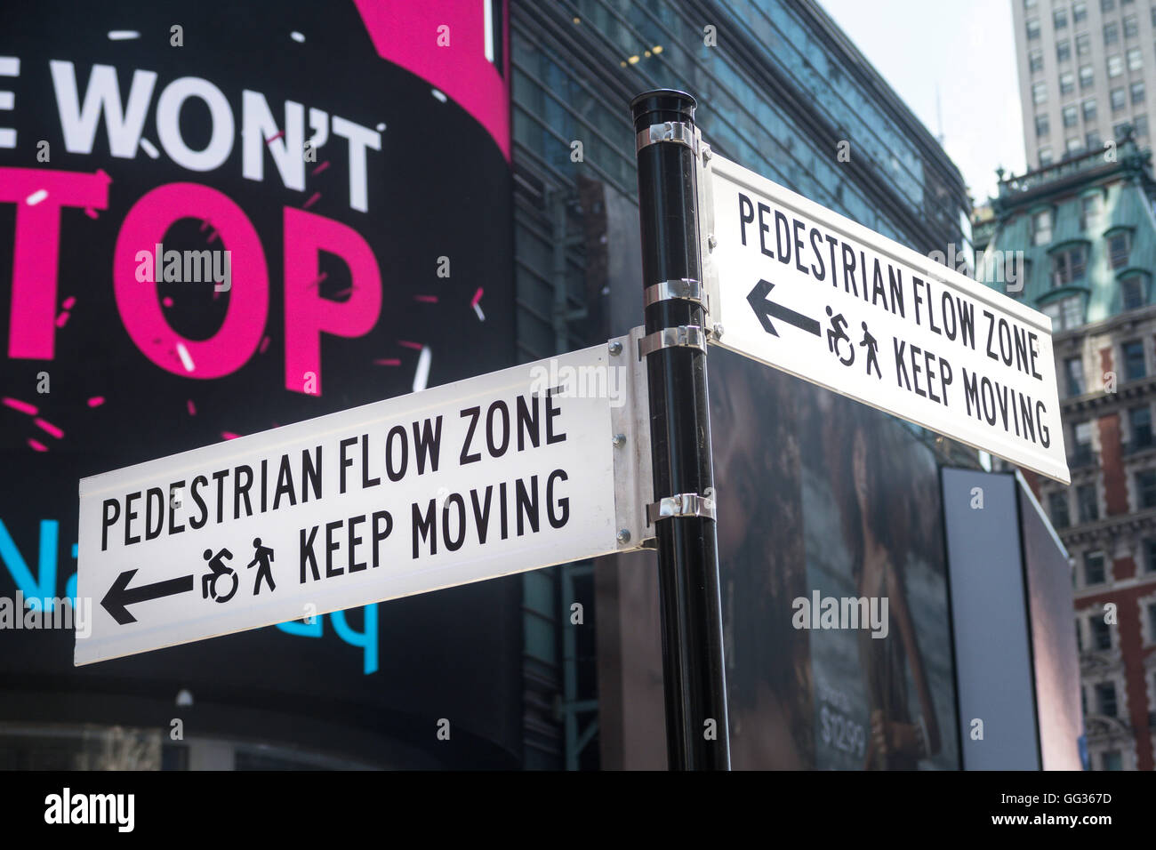 Pedestrian Flow Zone Walk Signs in Times Square, Midtown Manhattan, New ...