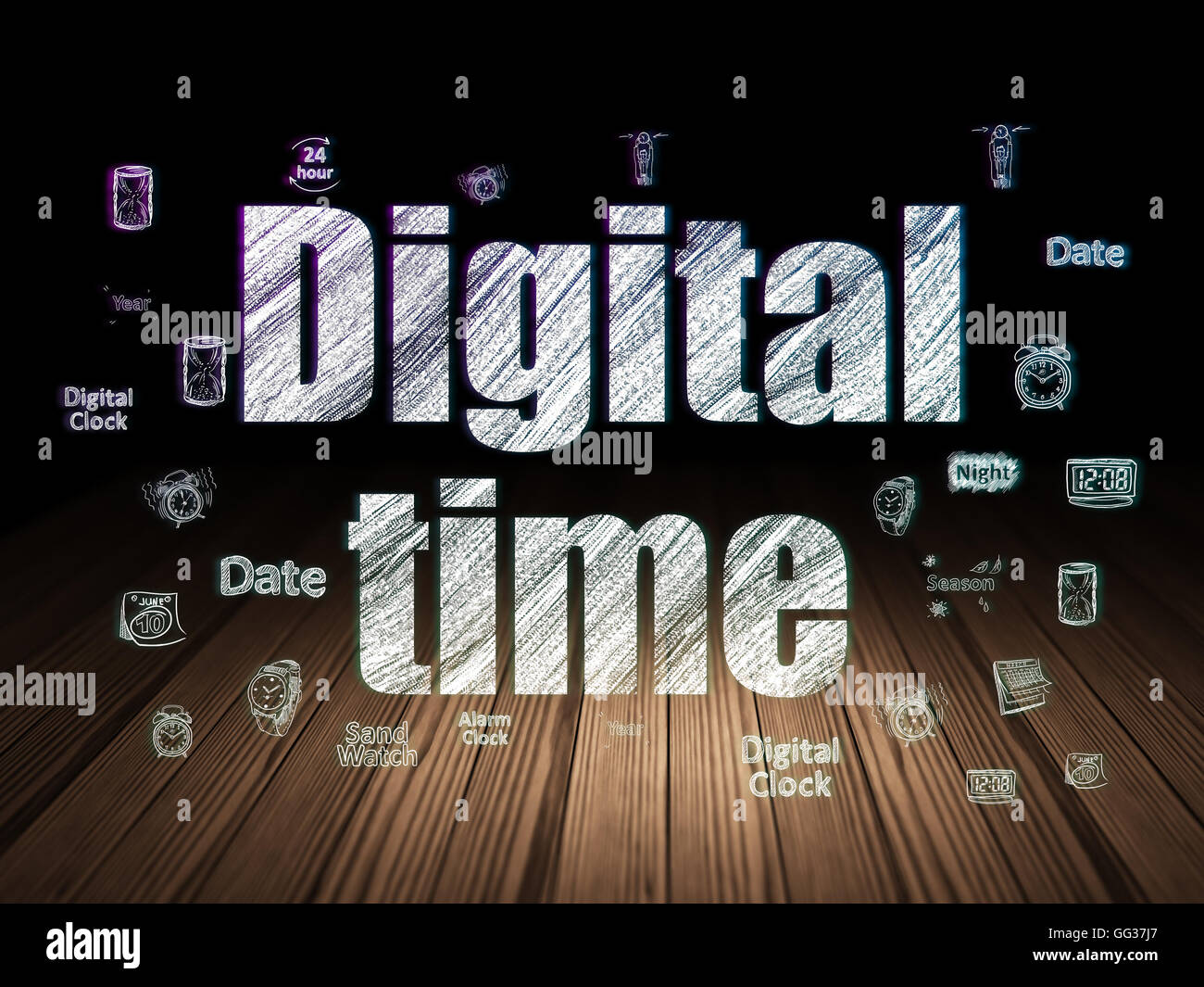 Timeline concept: Digital Time in grunge dark room Stock Photo - Alamy