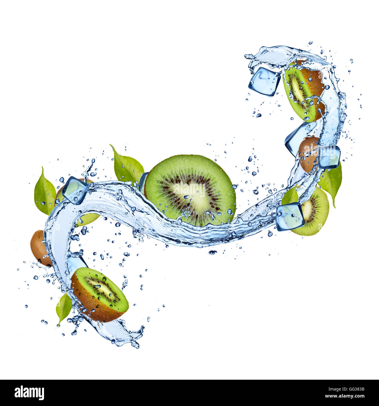 Pieces of kiwi in water splash and ice cubes, isolated on white ...