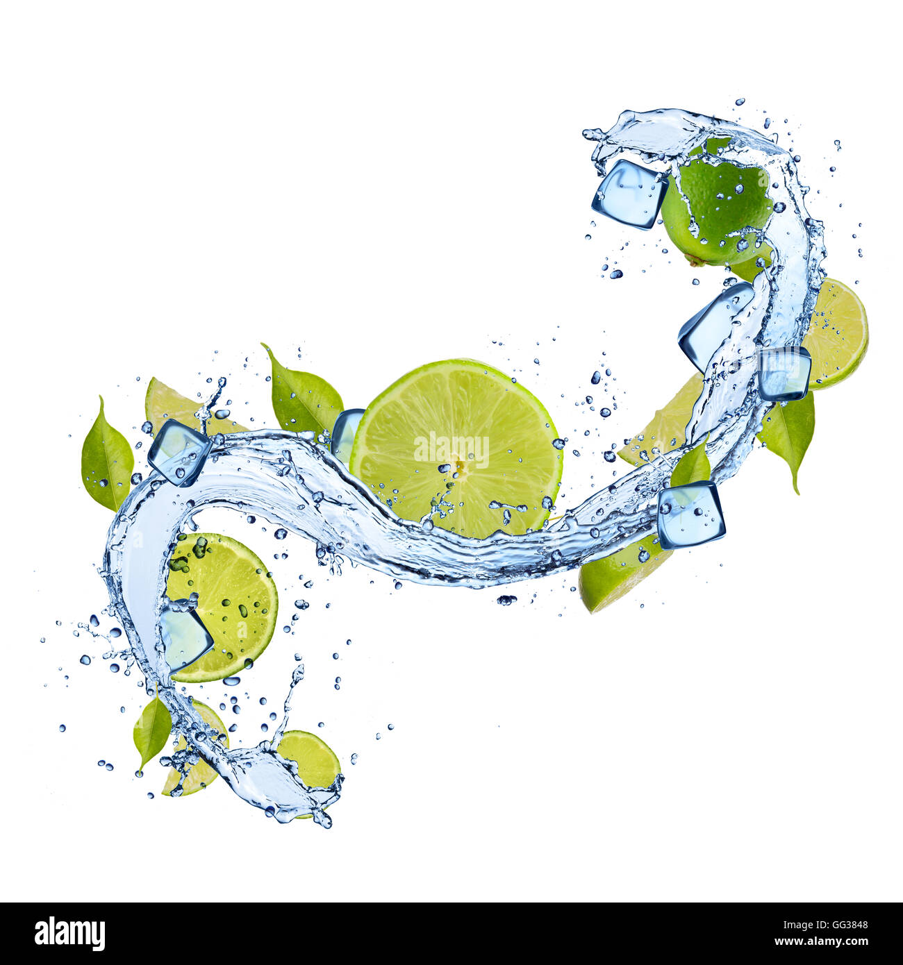 Pieces of limes in water splash and ice cubes, isolated on white background Stock Photo - Alamy