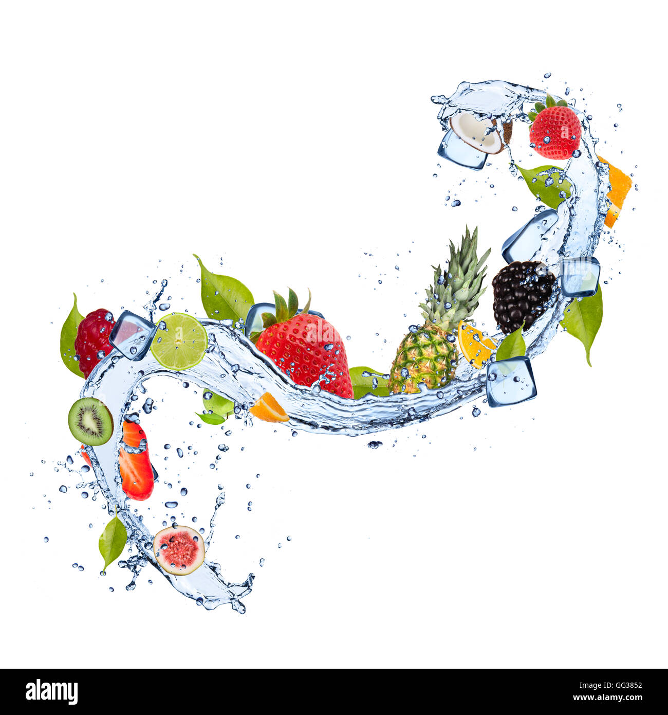 Mix of fruit in water splash and ice cubes, isolated on white ...