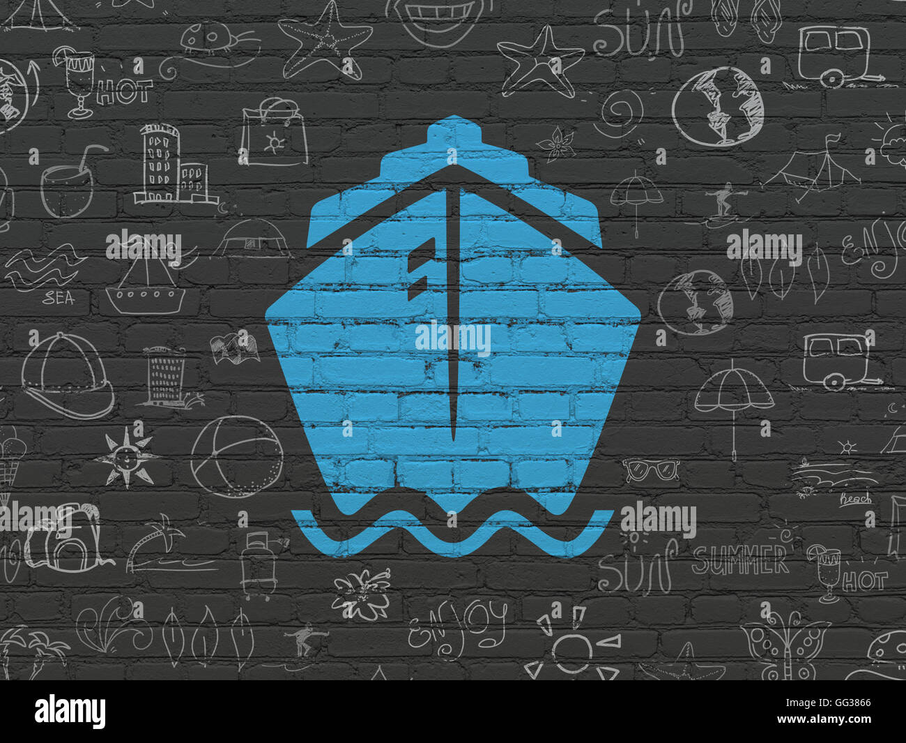 Travel concept: Painted blue Ship icon on Black Brick wall background ...
