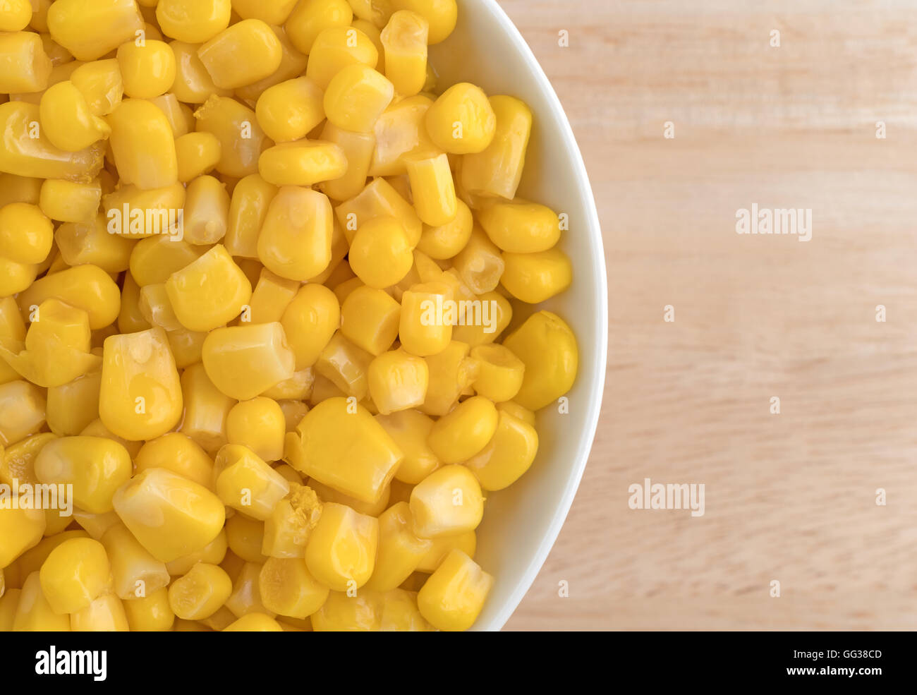 Top close view of a serving of organic canned sweet corn in a small ...