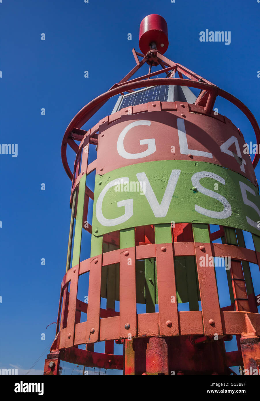 Red and green beacon buoy with light working on solar panel Stock Photo ...