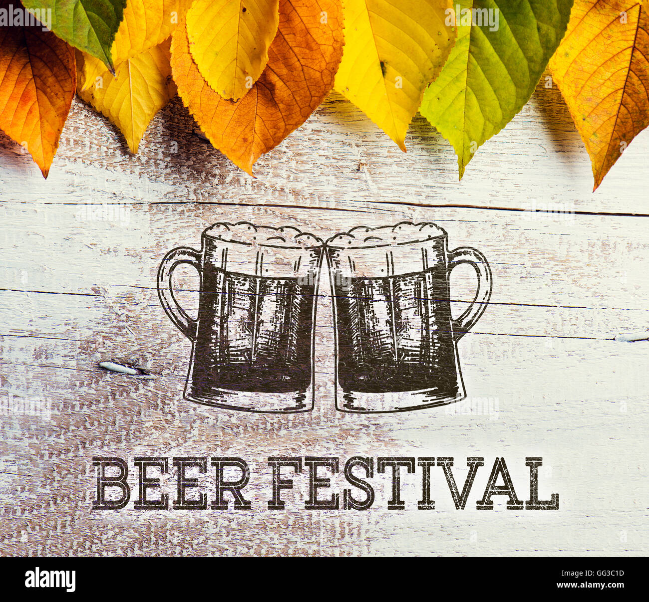 Beer festival sign with beer mugs and colorful leaves Stock Photo - Alamy
