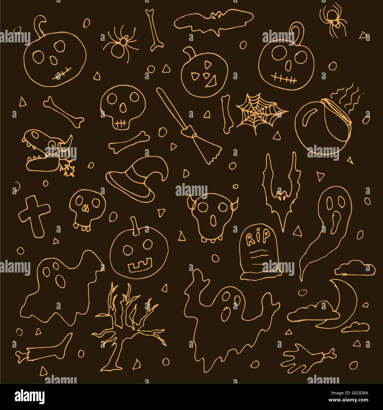 Vector seamless pattern for Halloween. Pumpkin, ghost, bat, candy, bone ...