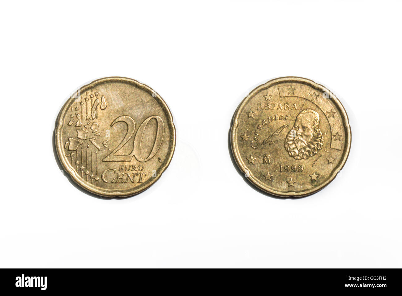20 cent euro coin rather worn on white background Stock Photo - Alamy