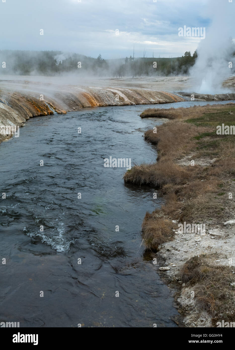 A river flows through steam while a small geyser erupts in the distance ...