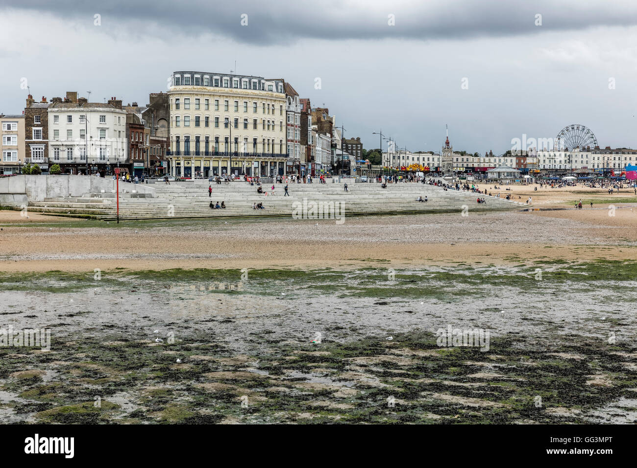 The beach at Margate at low tide looking towards the sea front and ...
