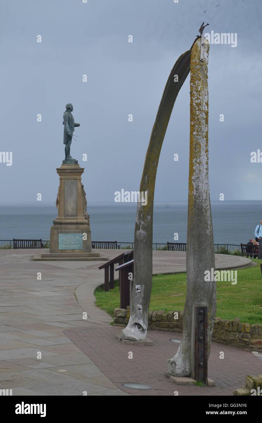 Statue of local hero Captain James Cook. Whitby, North Yorkshire, UK ...