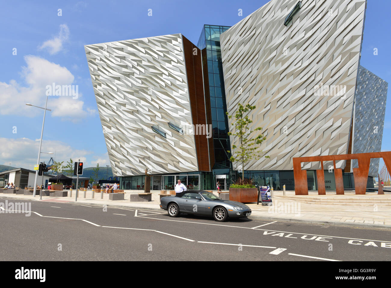 View of the Titanic building with the Harland and Wolff cranes, Belfast ...