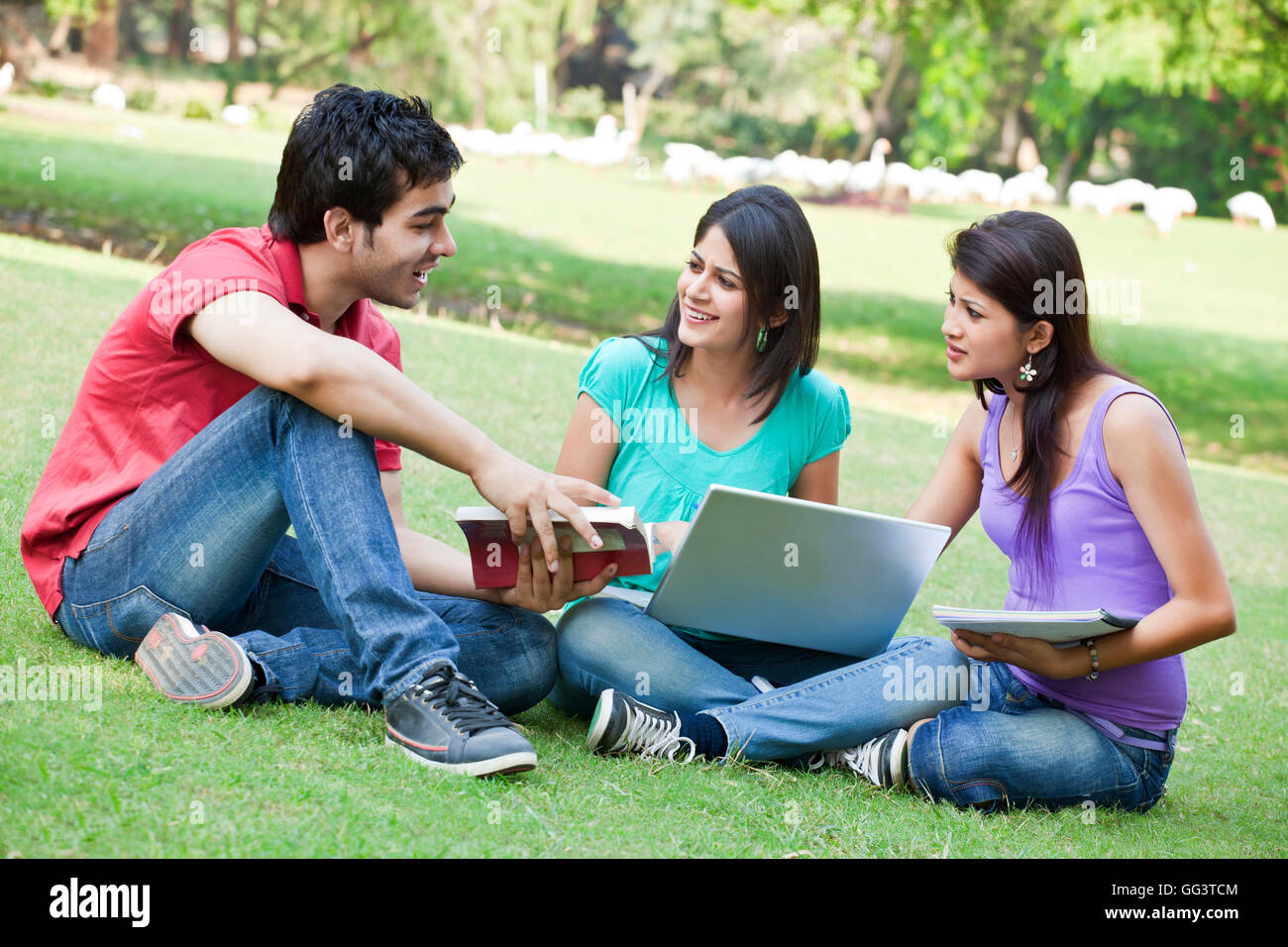 Group of three friends sitting in lawn Stock Photo - Alamy