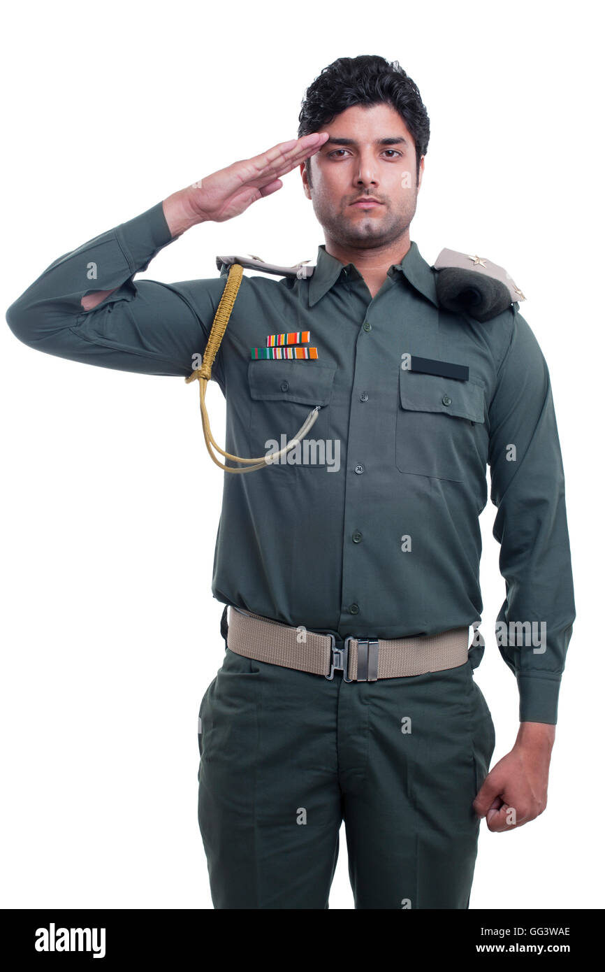 Security guard saluting over white background Stock Photo - Alamy