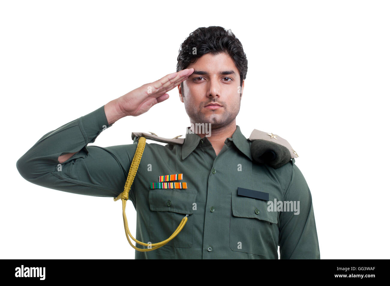 Young security guard saluting over white background Stock Photo - Alamy