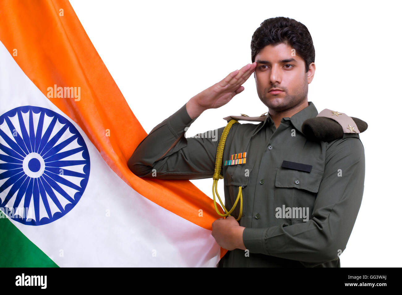 Security guard standing with Indian flag on side Stock Photo - Alamy