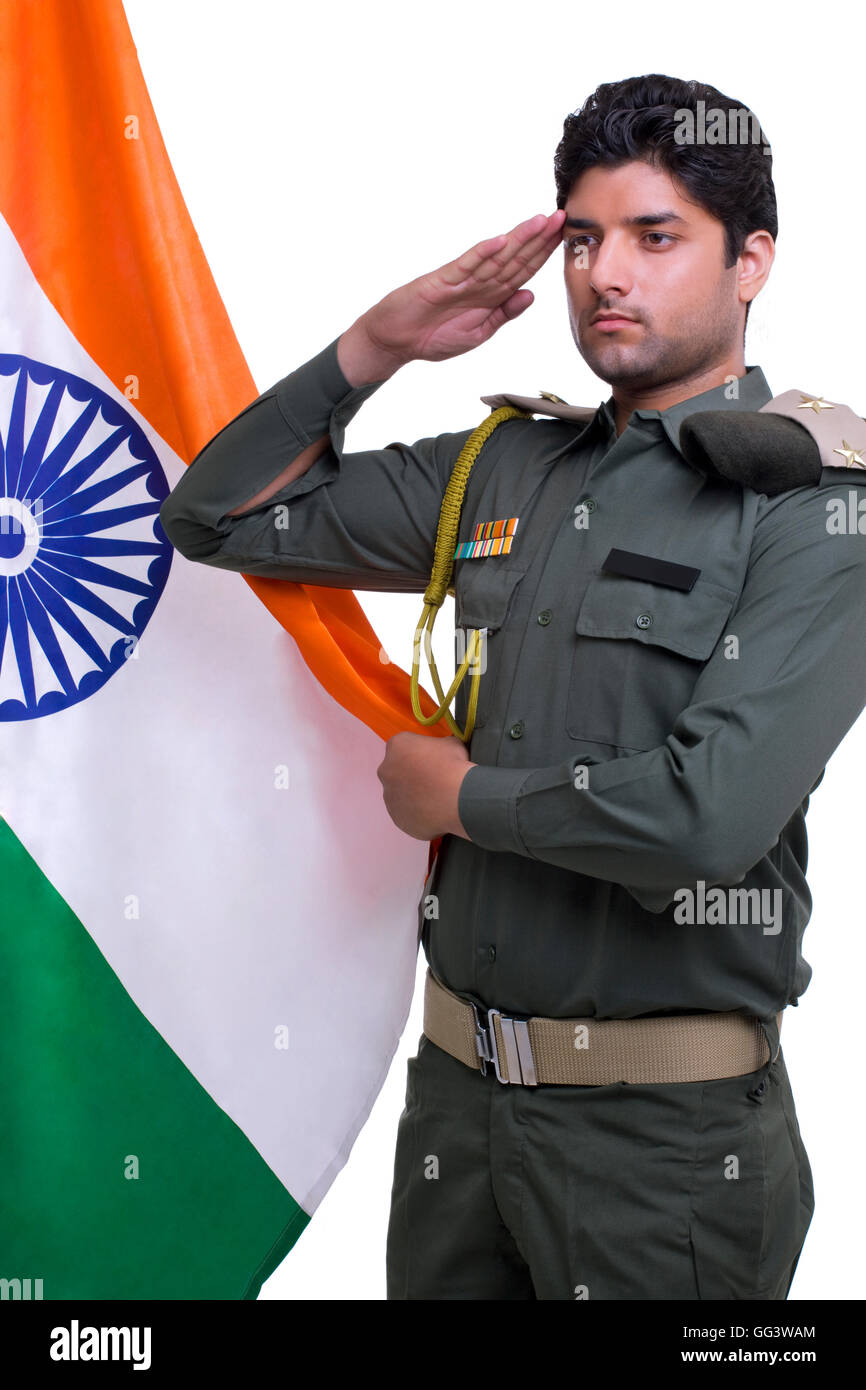 Patriotic security guard saluting Indian flag Stock Photo - Alamy