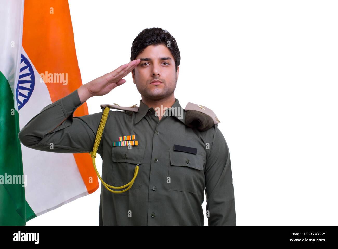 Security guard saluting with Indian flag in the background Stock Photo ...