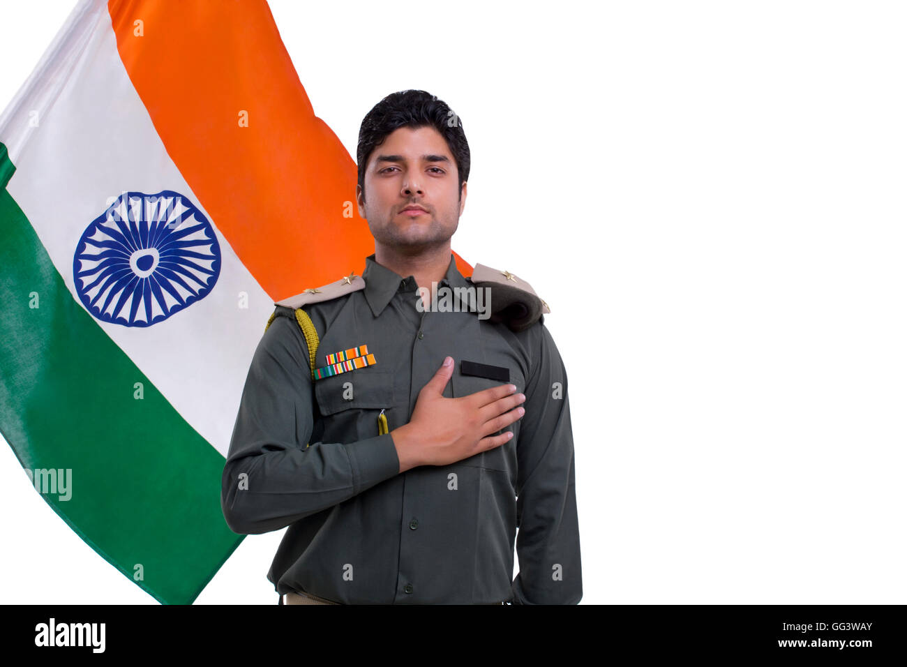 security guard taking a pledge with Indian flag in the background Stock ...