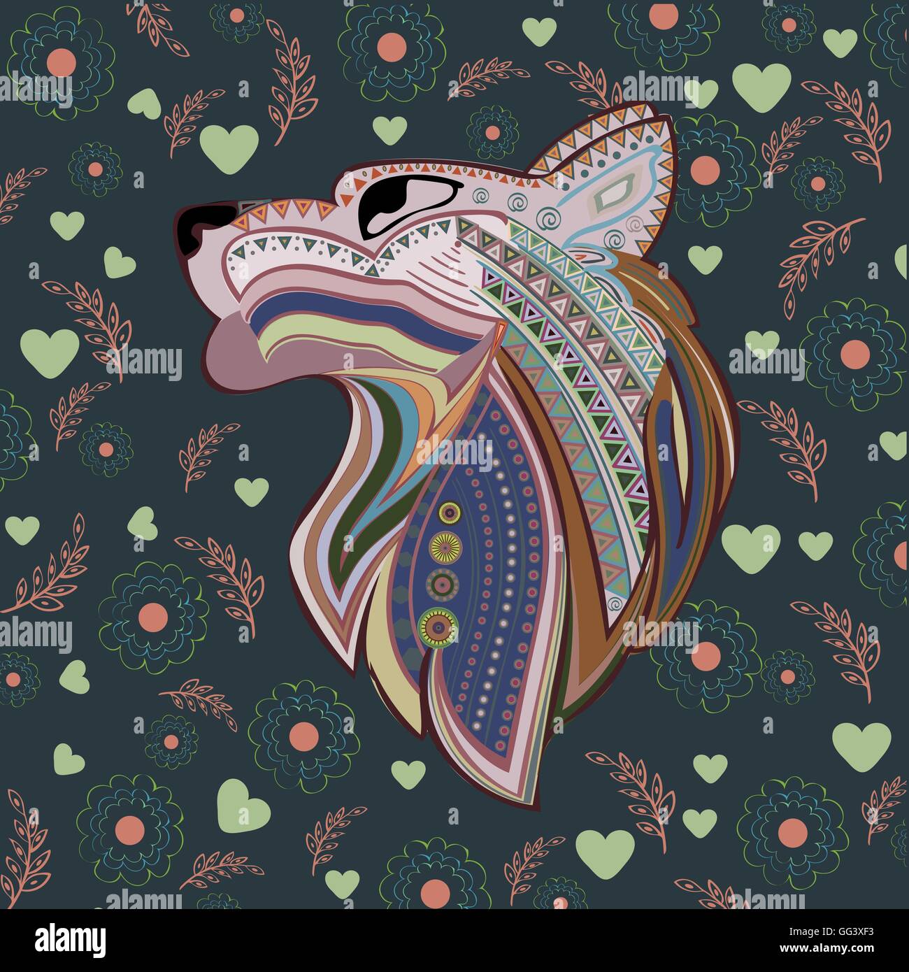 Vintage wolf head ethnic color pattern hand draw Stock Vector Image ...