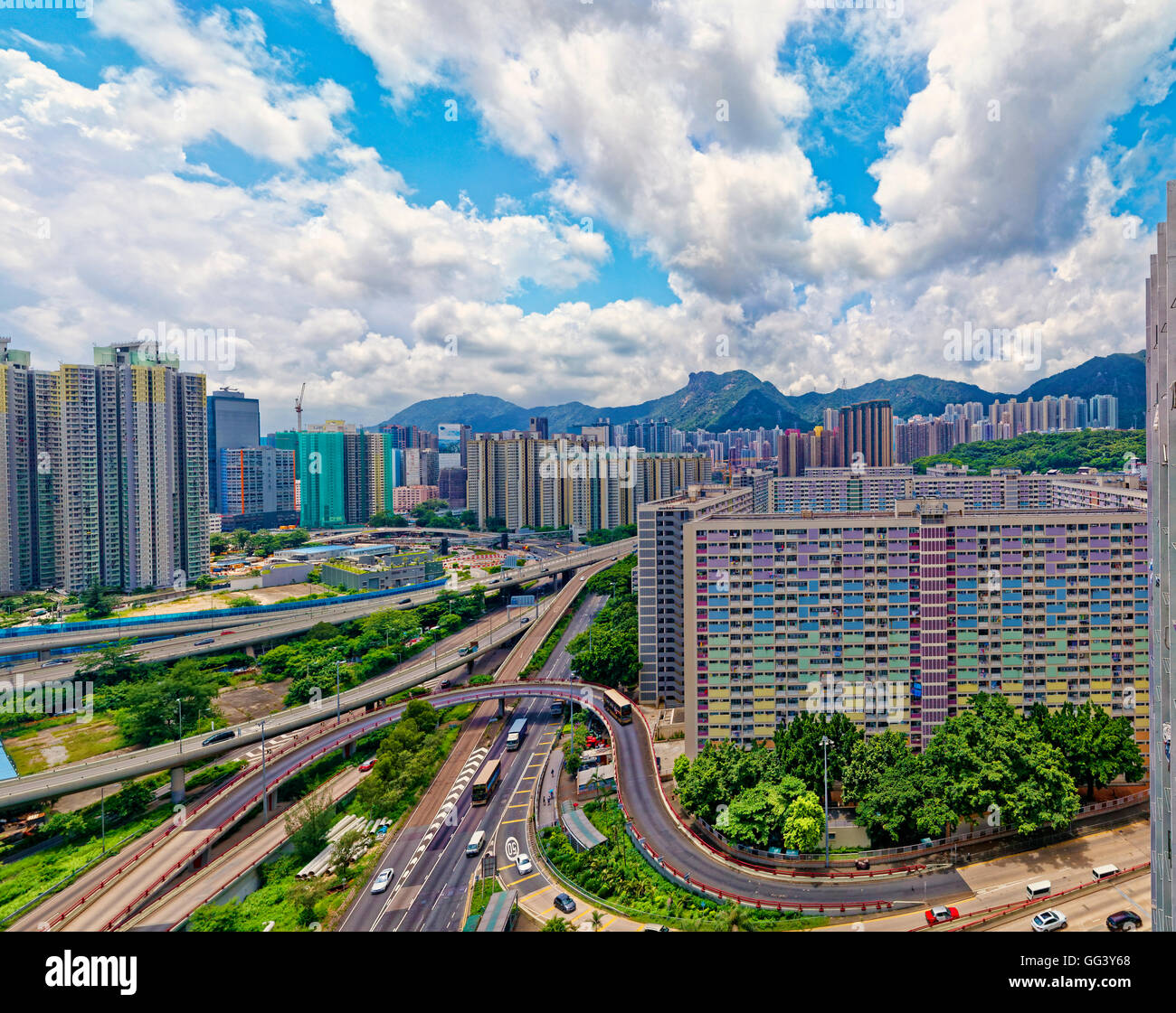 hong kong public estate buildings with landmark lion rock at day Stock ...