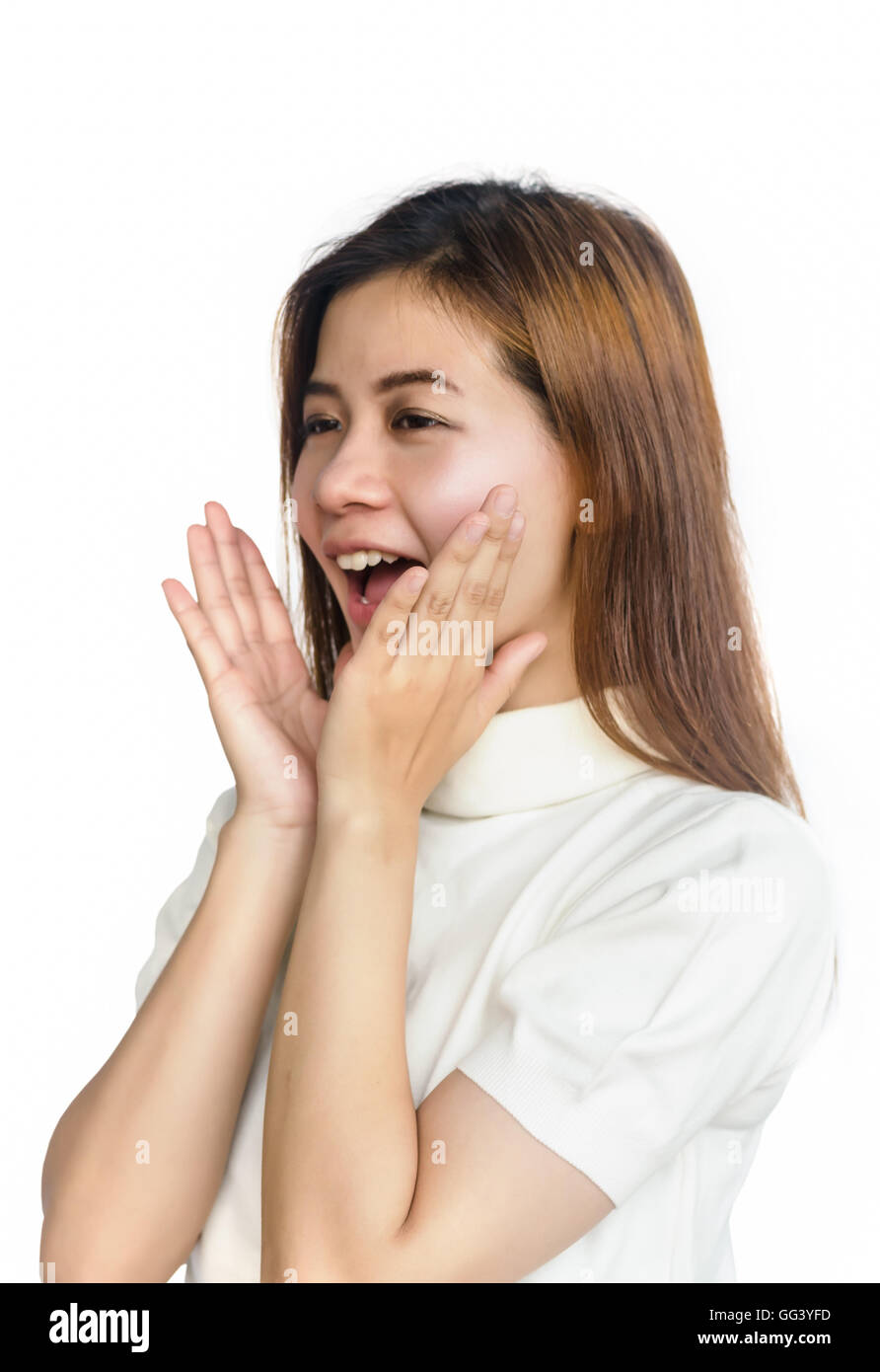 Asian woman gesturing a verbal call against white background Stock ...