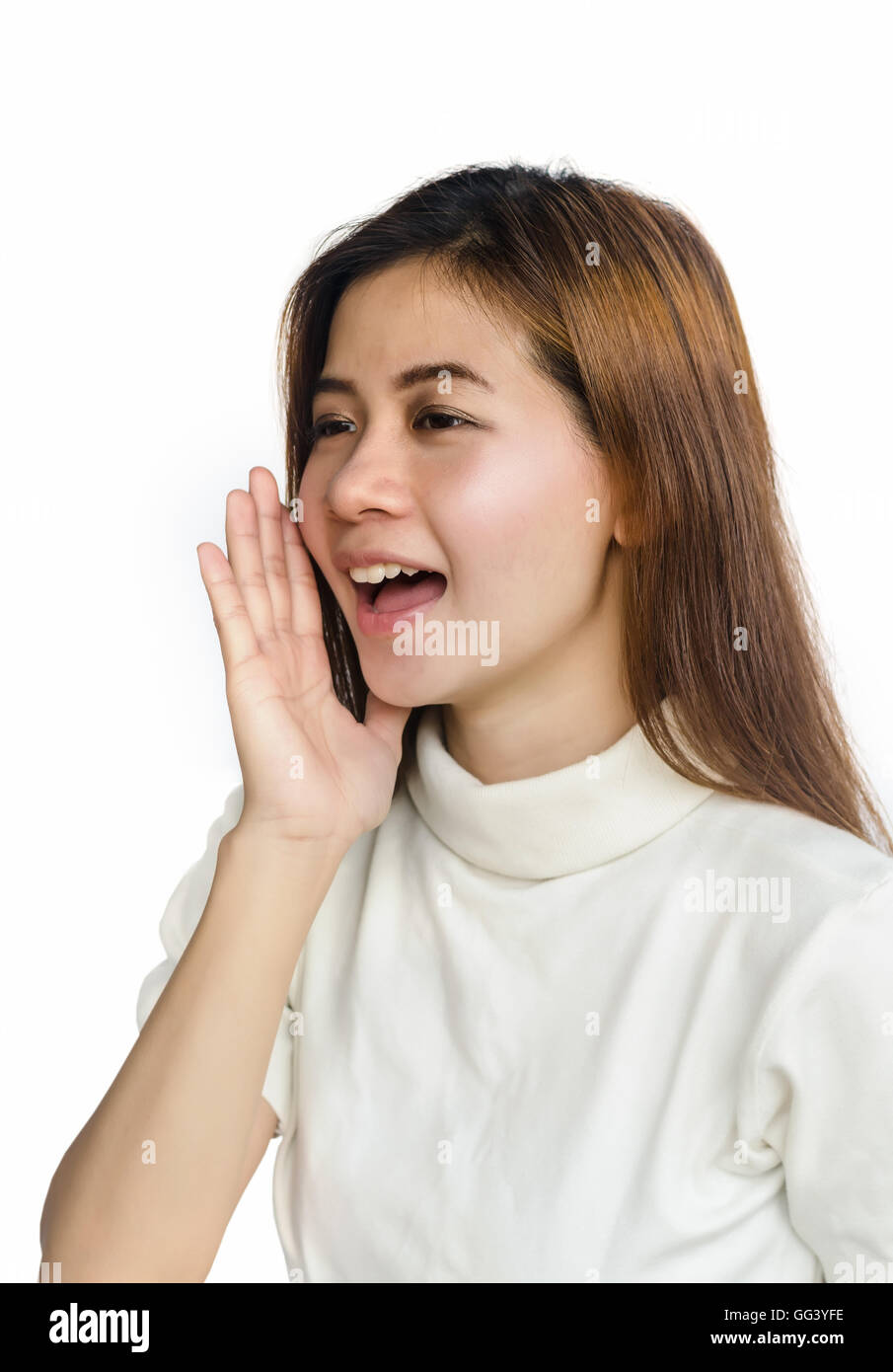 Asian woman gesturing a verbal call against white background Stock ...
