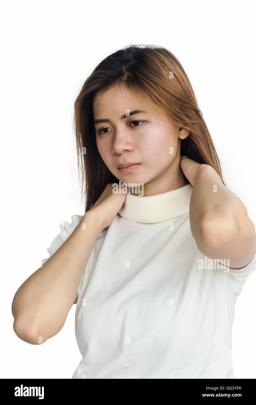 Asian woman with a neck ache isolated on white background Stock Photo ...