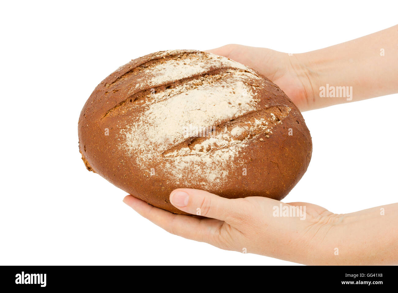 Women's hands holding loaf of bread, isolated on white background Stock ...