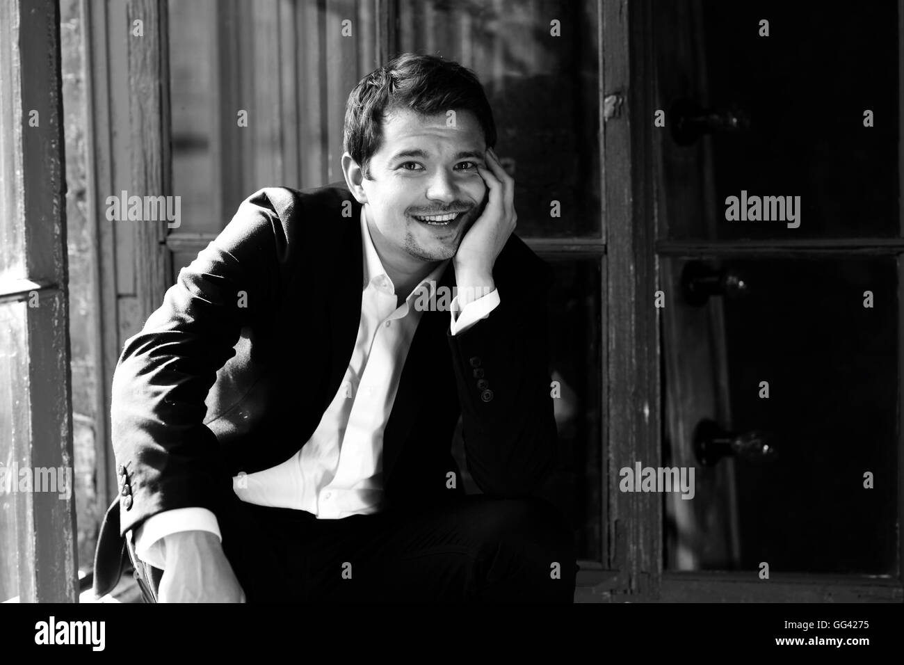 Model in red suit Black and White Stock Photos & Images - Alamy