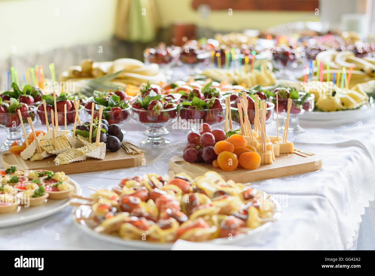Catering and banquet wedding table setting on evening reception ...