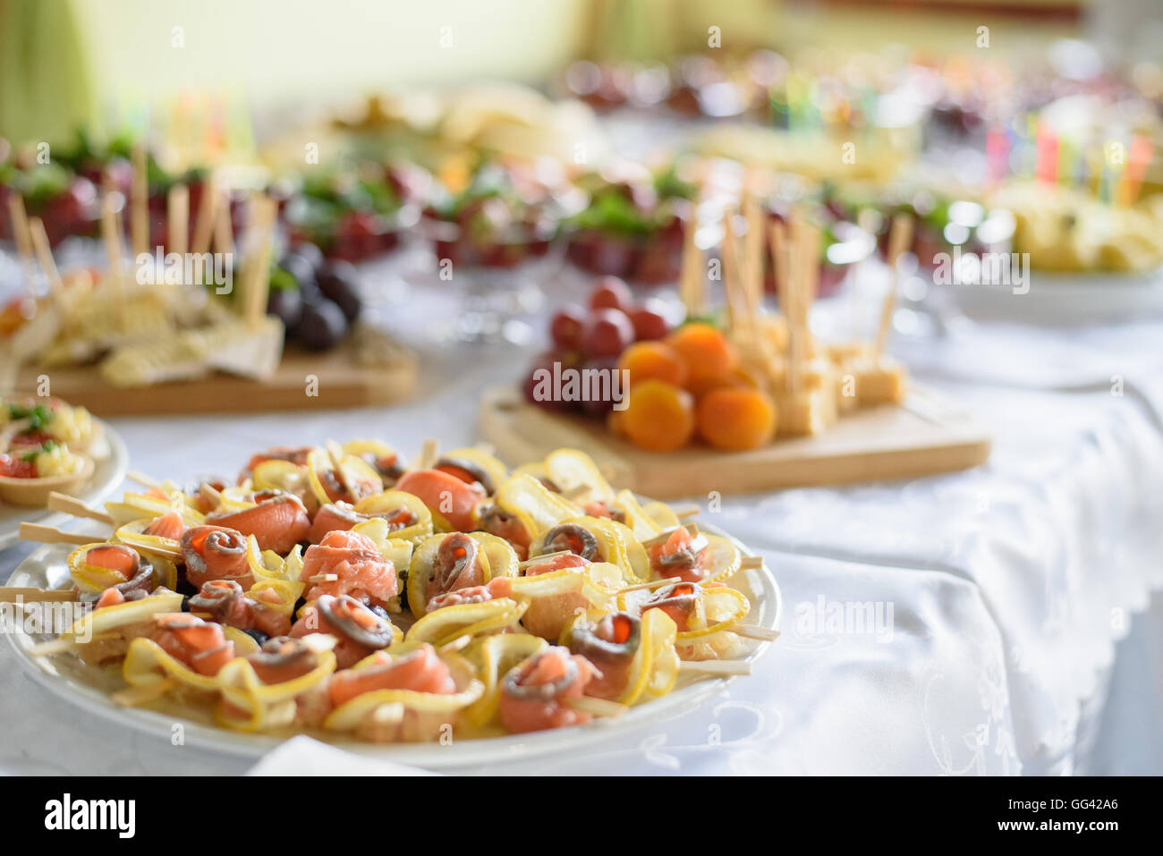Catering and banquet wedding table setting on evening reception ...
