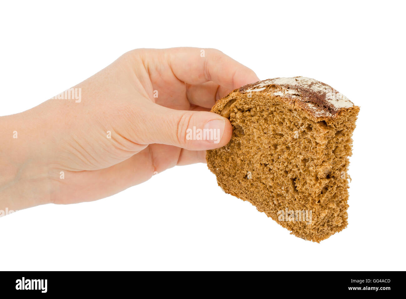 Female hand holds a slice of bread, isolated on white background Stock ...